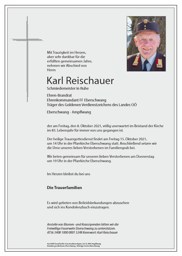 Ableben von Ehren-Brandrat Karl Reischauer - Bezirk Ried im Innkreis